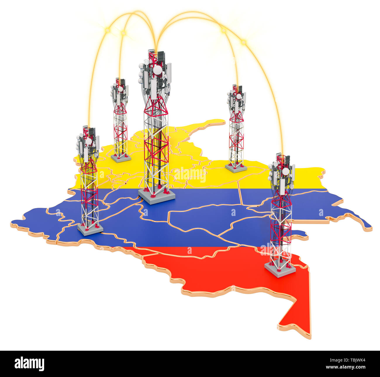 Mobile communications in Columbia, cell towers on the map. 3D rendering ...