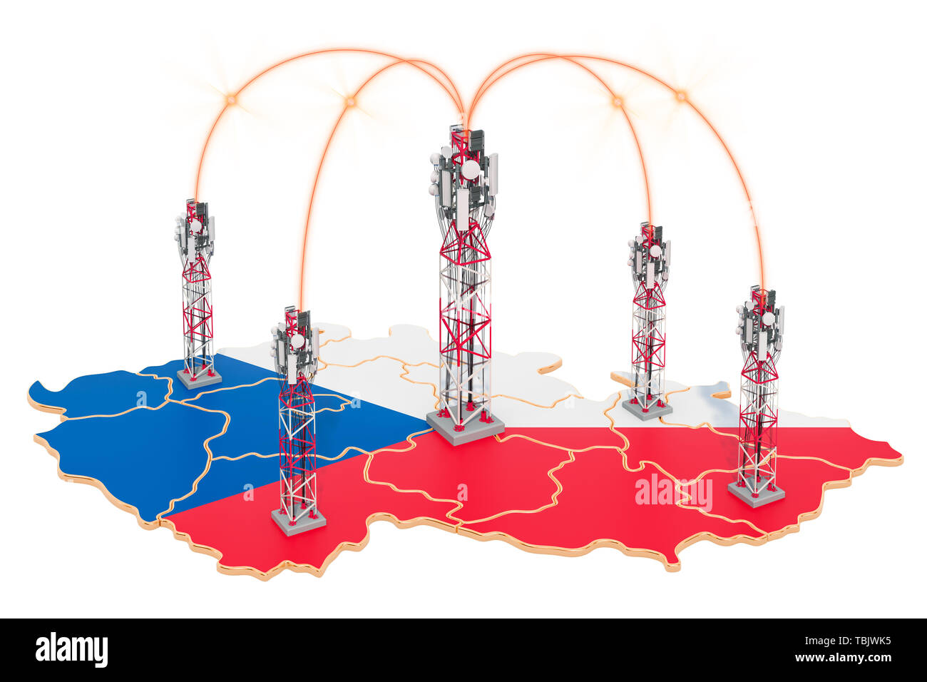 Mobile communications in Czech Republic, cell towers on the map. 3D rendering isolated on white ...
