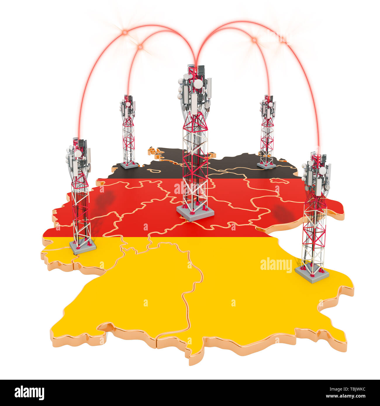 Mobile communications in Germany, cell towers on the map. 3D rendering isolated on white ...