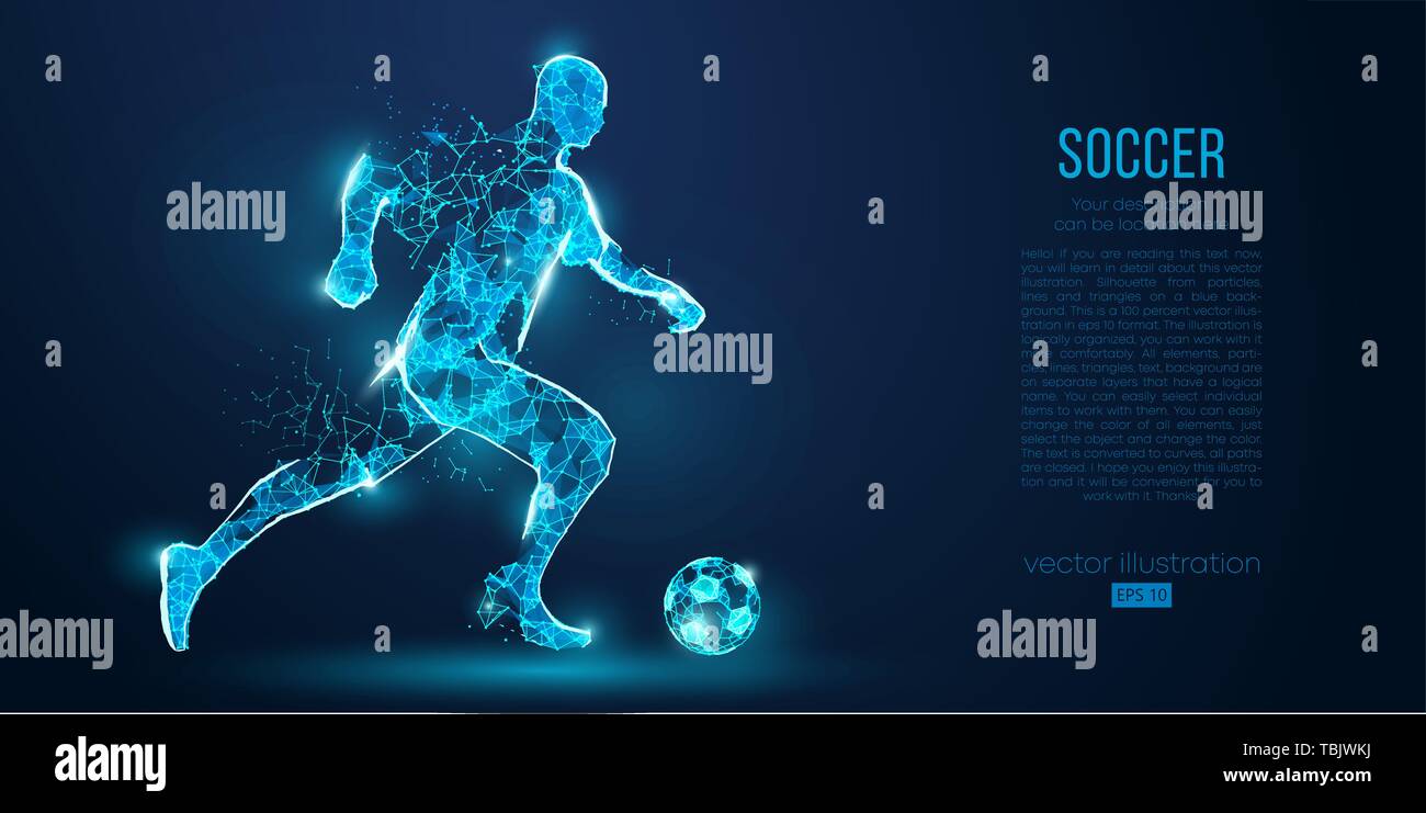 Abstract soccer player, footballer from particles on blue background ...