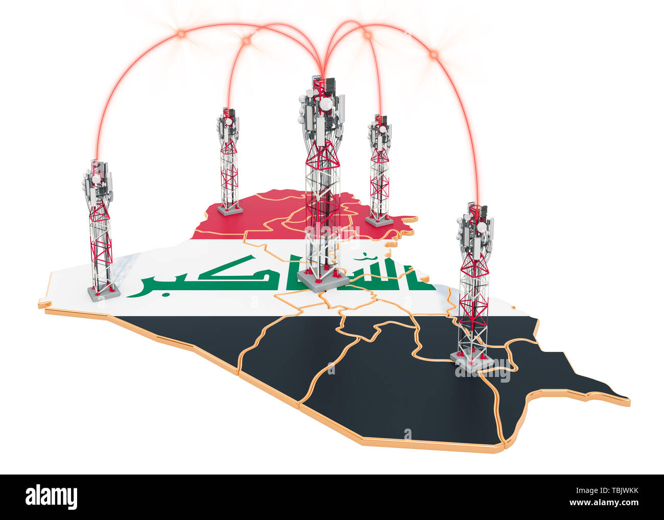 Mobile communications in Iraq, cell towers on the map. 3D rendering ...