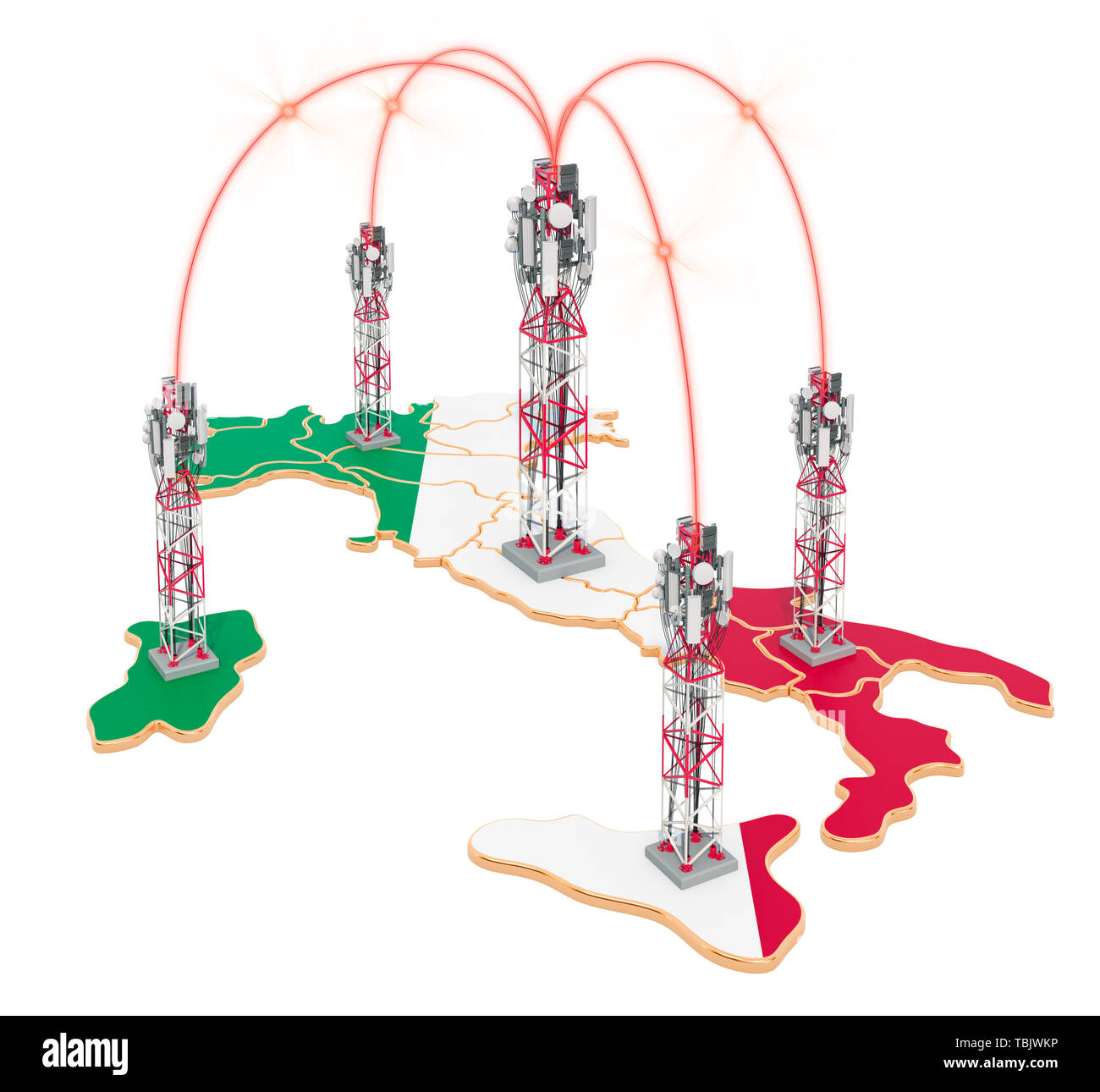 Mobile communications in Italy, cell towers on the map. 3D rendering isolated on white ...
