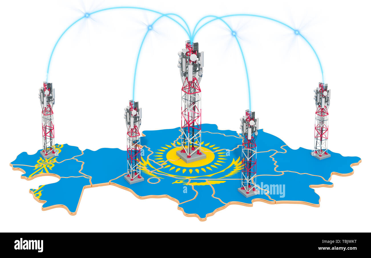 Mobile communications in Kazakhstan, cell towers on the map. 3D rendering isolated on white ...