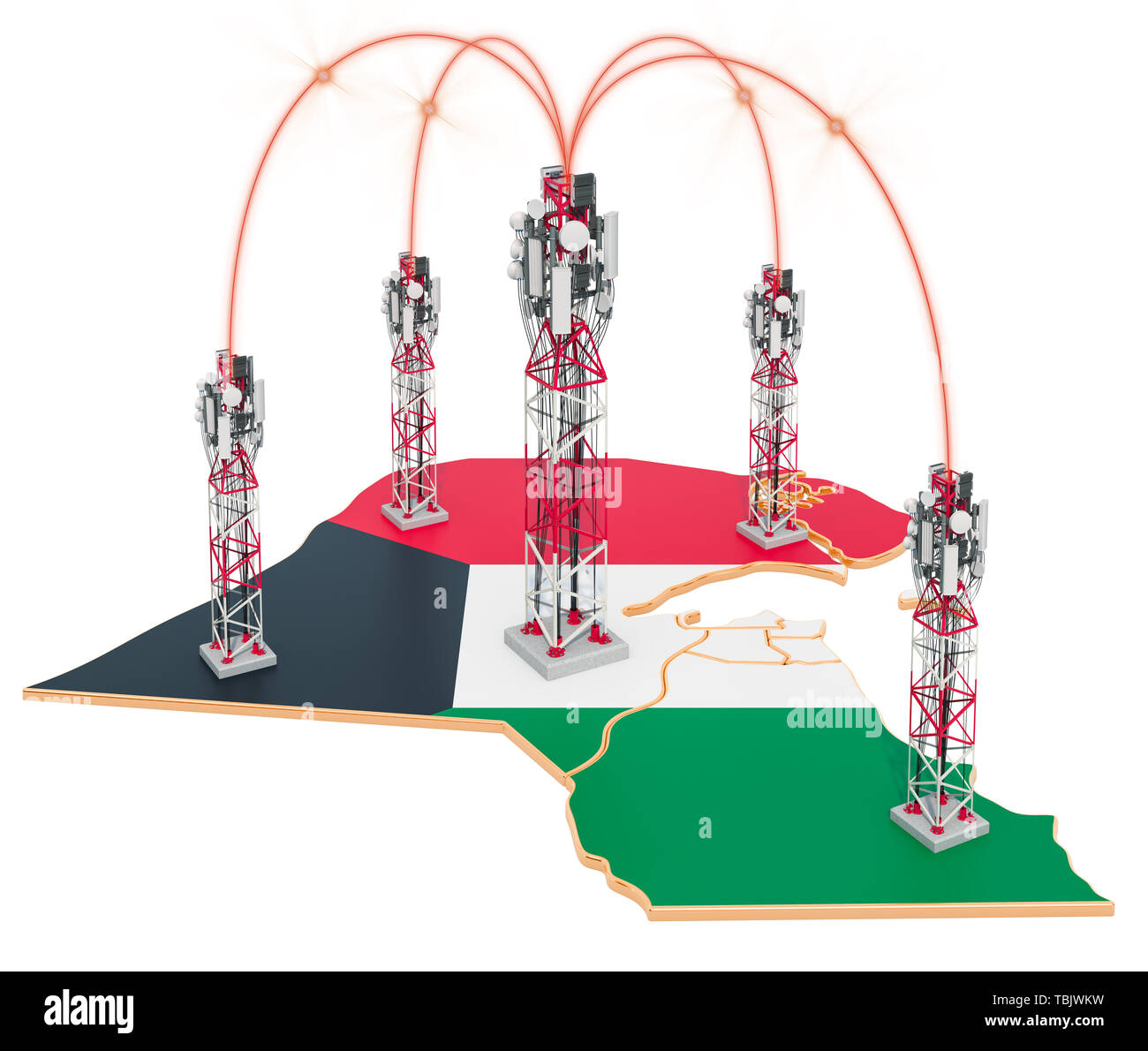 Mobile communications in Kuwait, cell towers on the map. 3D rendering isolated on white ...
