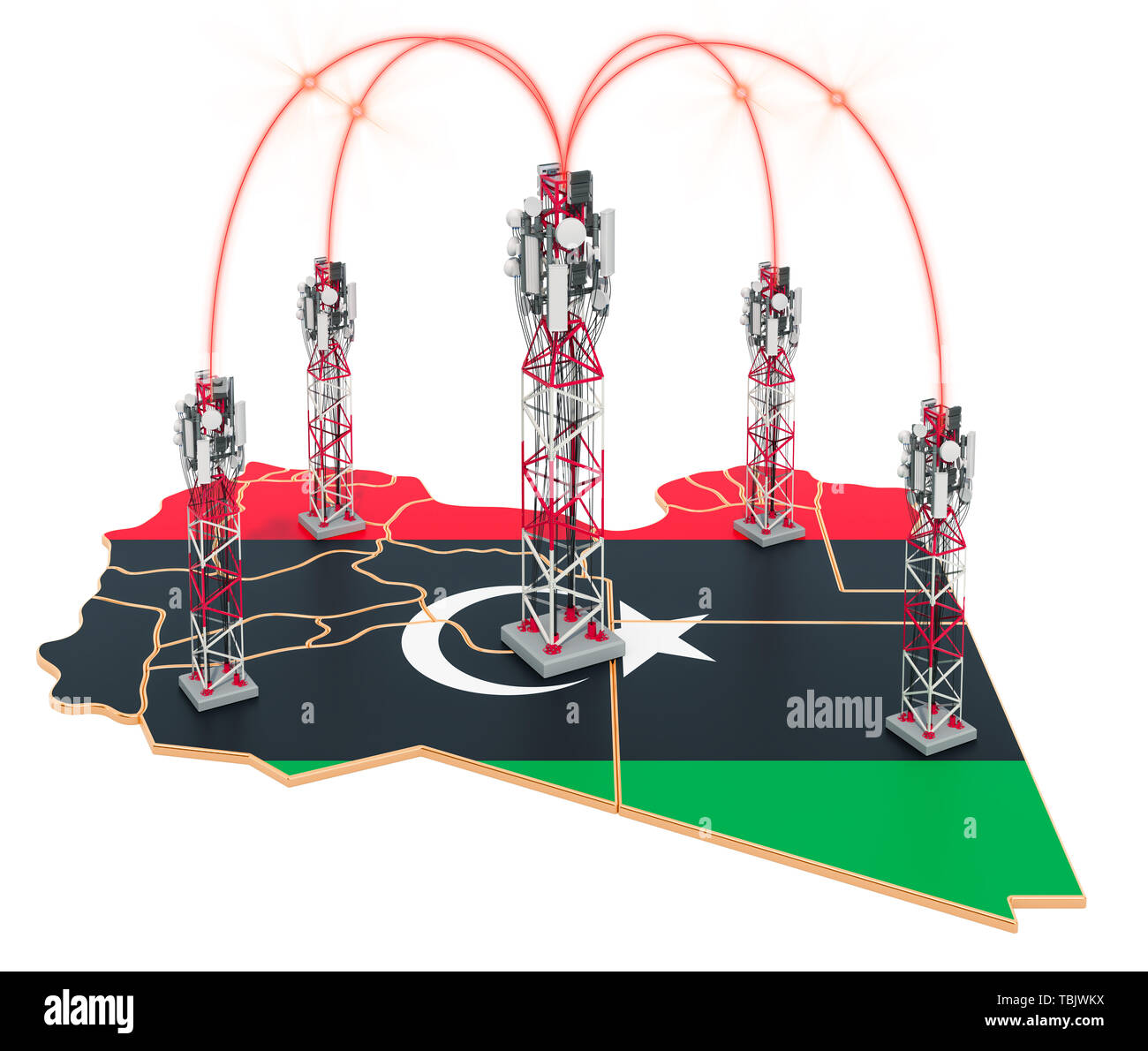 Mobile communications in Libya, cell towers on the map. 3D rendering ...