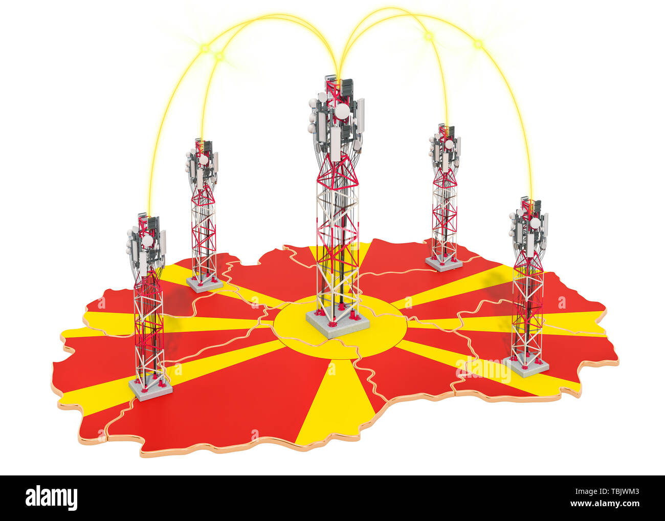 Mobile communications in Macedonia, cell towers on the map. 3D rendering isolated on white ...