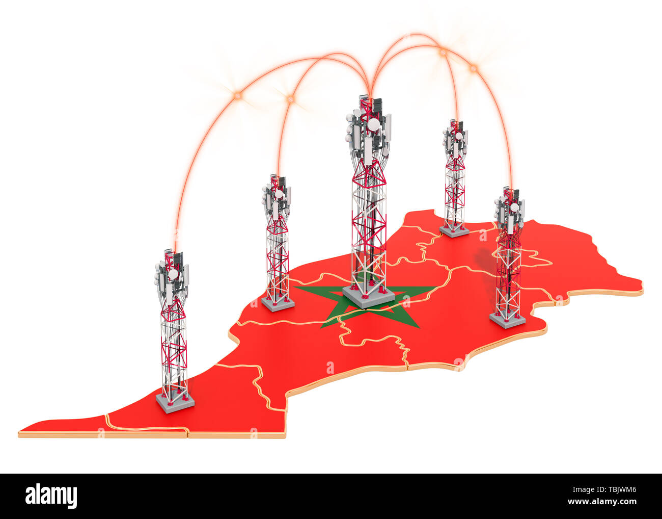 Mobile communications in Morocco, cell towers on the map. 3D rendering isolated on white ...