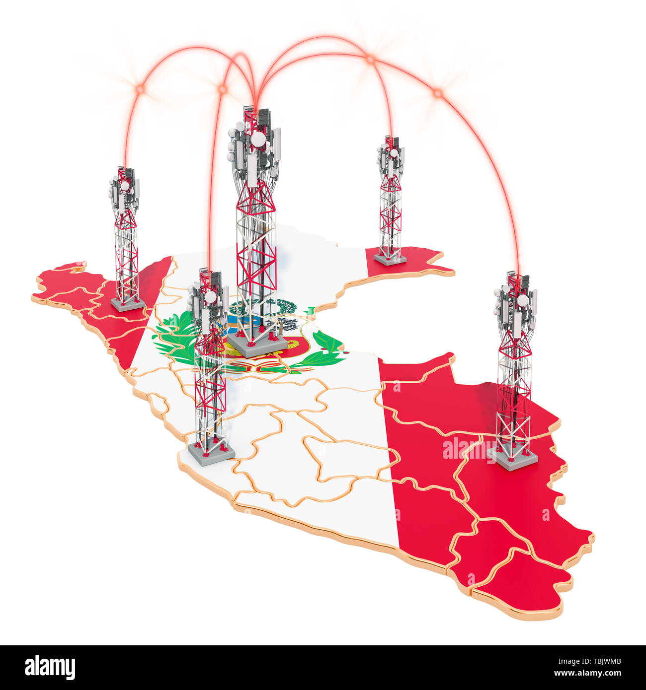 Mobile communications in Peru, cell towers on the map. 3D rendering ...