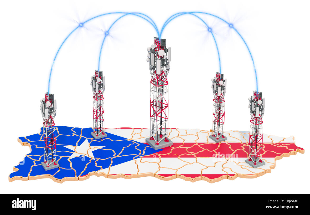 Mobile communications in Puerto Rico, cell towers on the map. 3D rendering isolated on white ...
