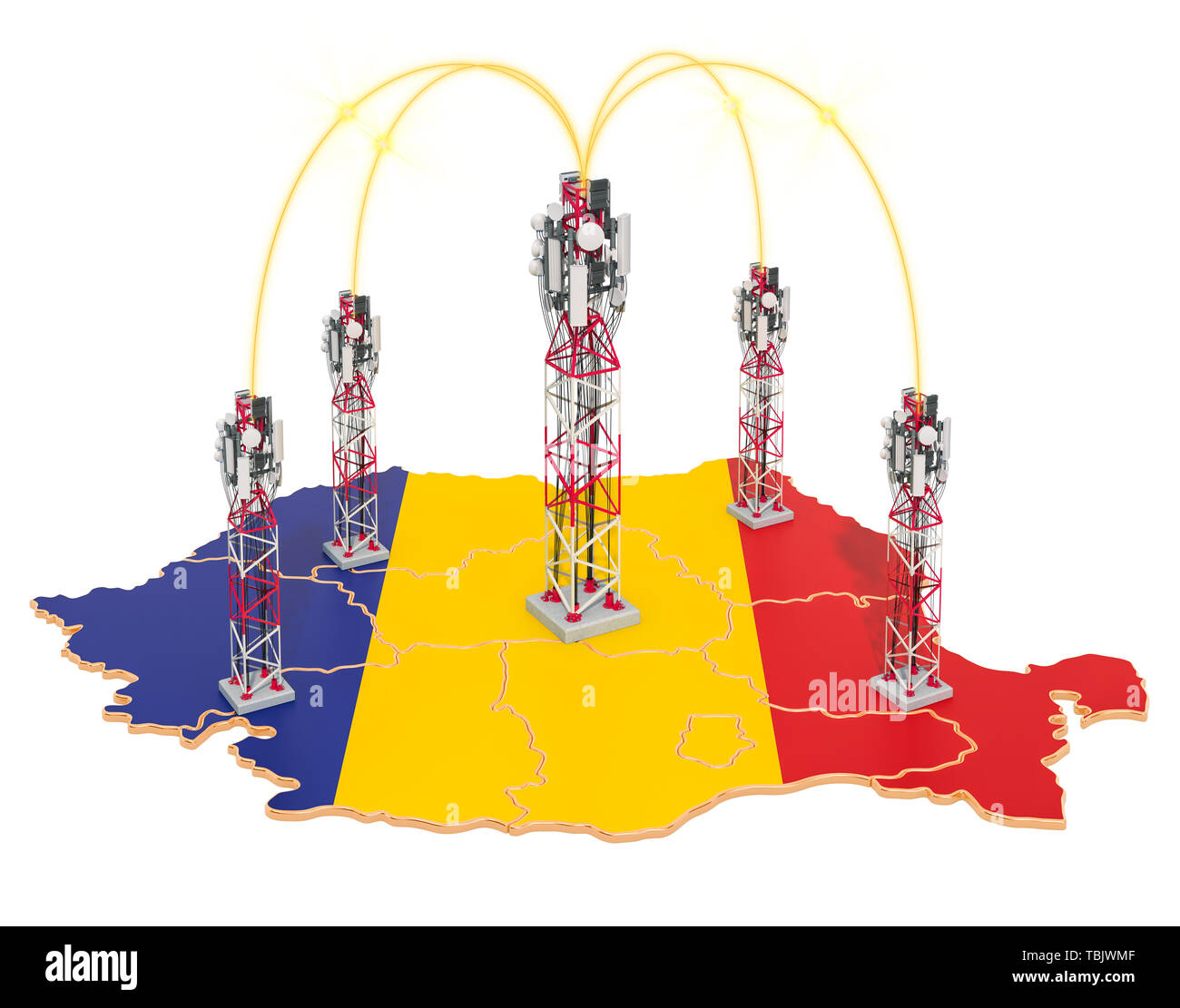 Mobile communications in Romania, cell towers on the map. 3D rendering isolated on white ...