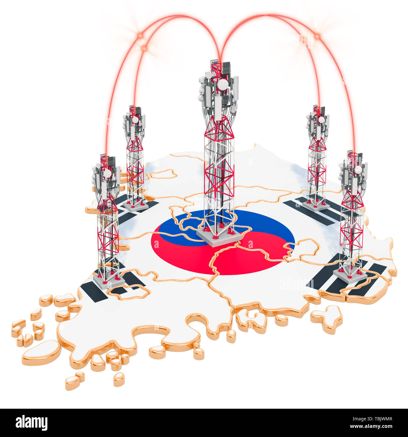 Mobile communications in South Korea, cell towers on the map. 3D rendering isolated on white ...