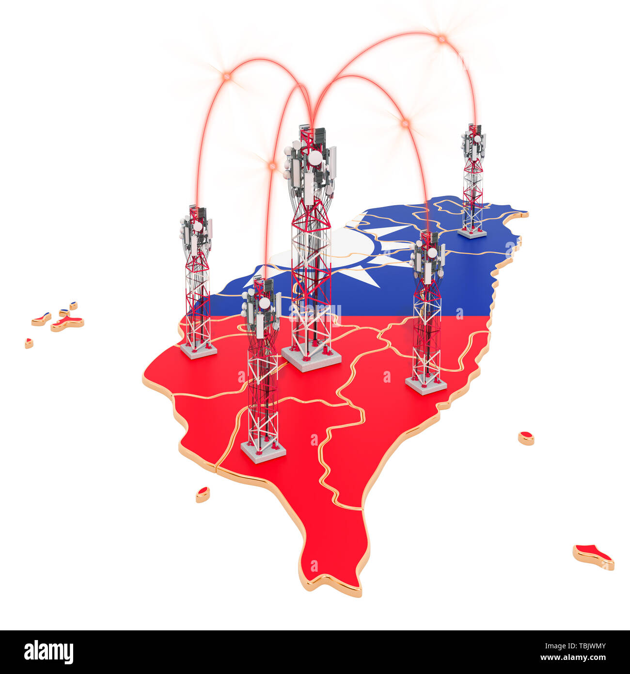 Mobile communications in Taiwan, cell towers on the map. 3D rendering ...