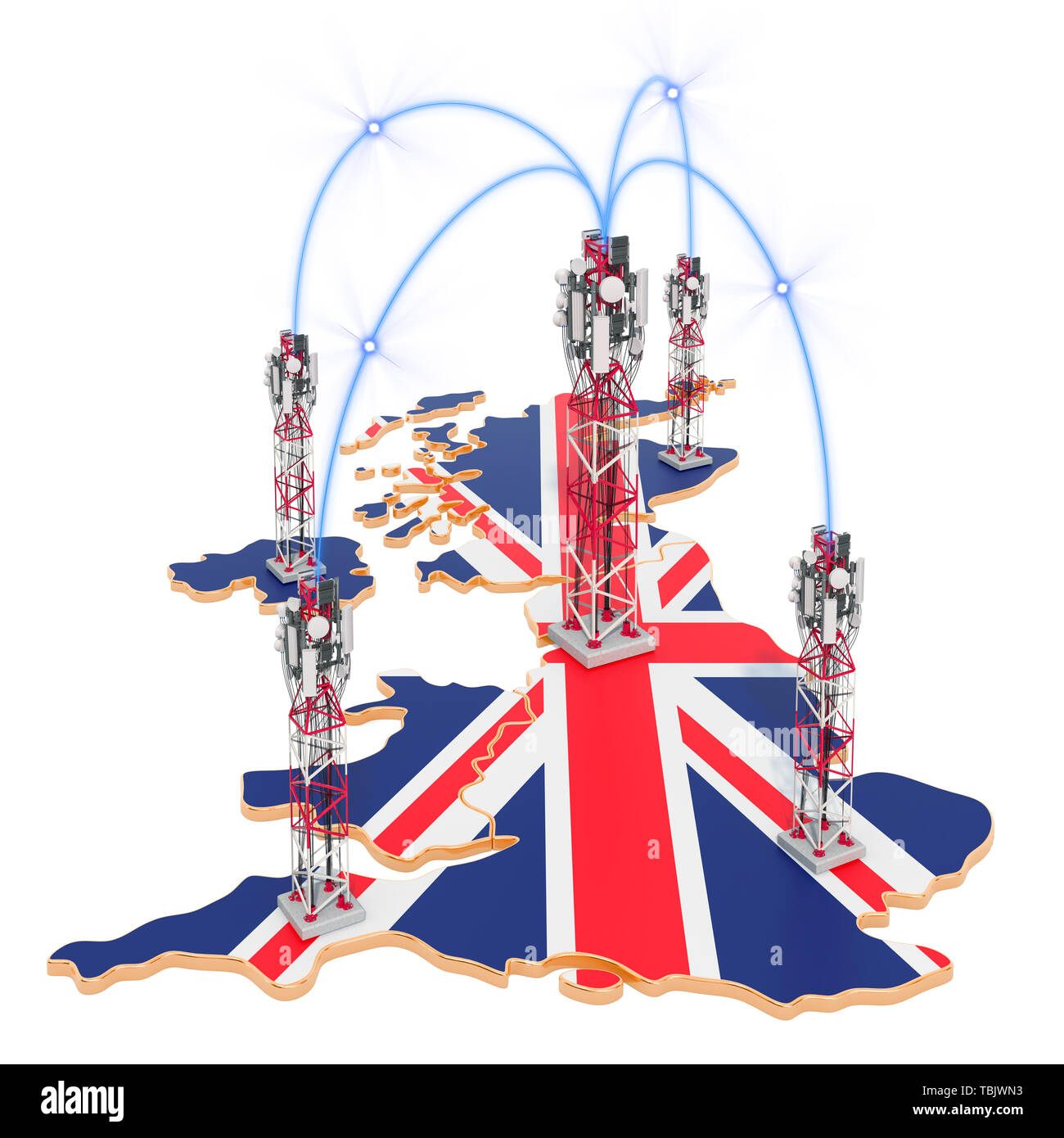 Mobile communications in the United Kingdom, cell towers on the map. 3D ...