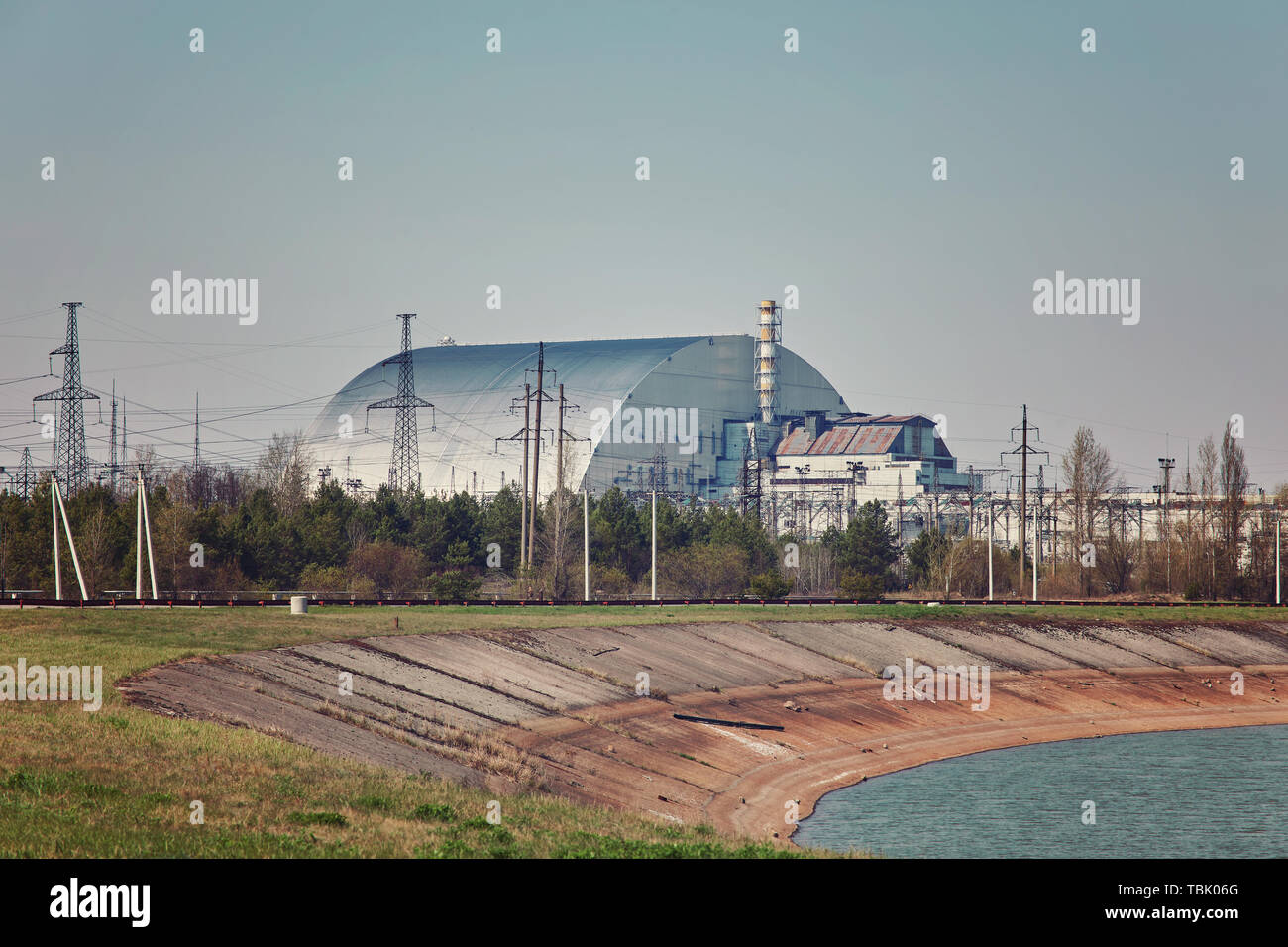 nuclear reactors of Chernobyl power plant next to Pripyat river, 4th ...