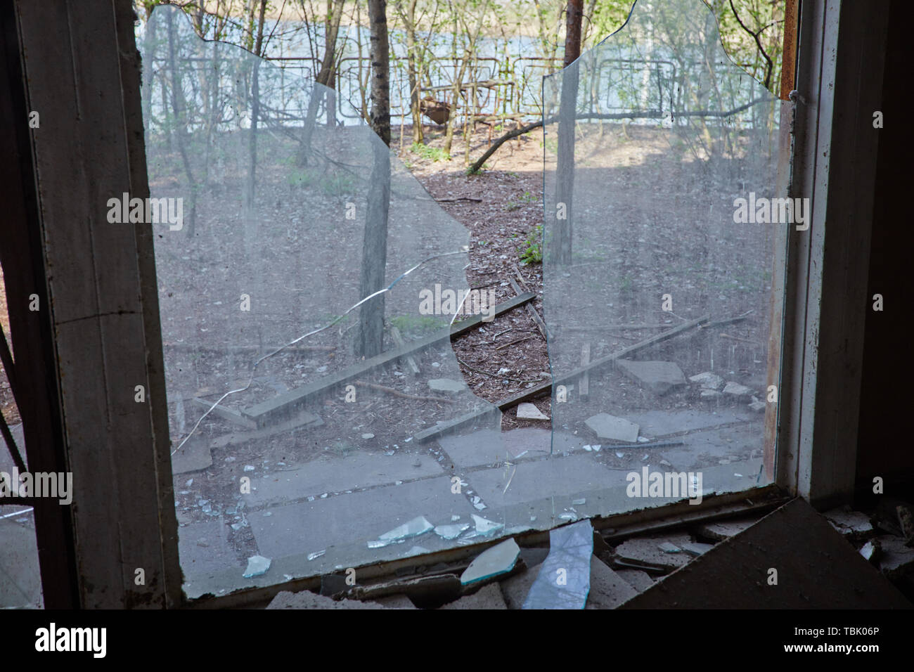 Old broken window. Abandoned building in the city of Pripyat Stock ...