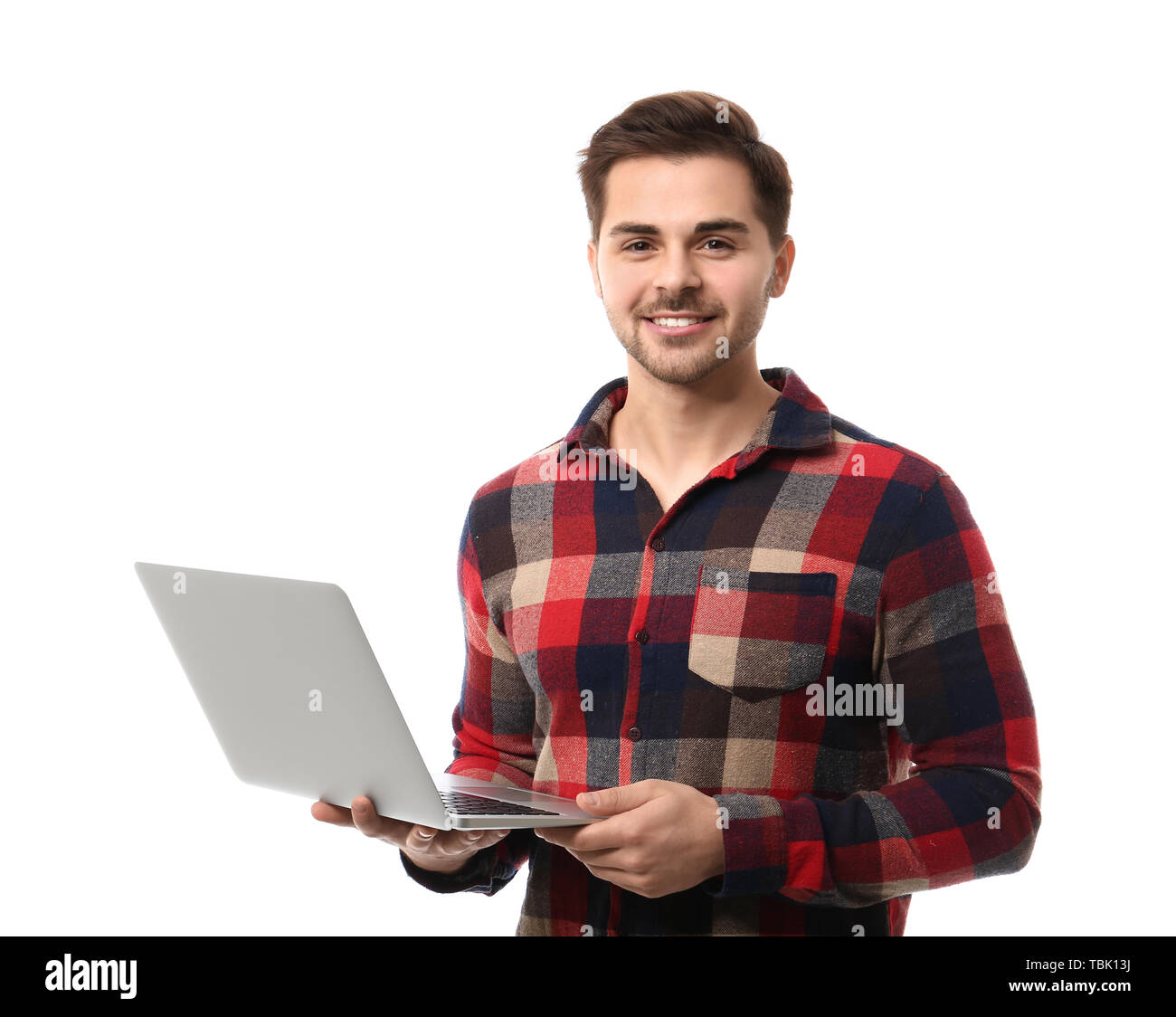 Male programmer with laptop on white background Stock Photo - Alamy