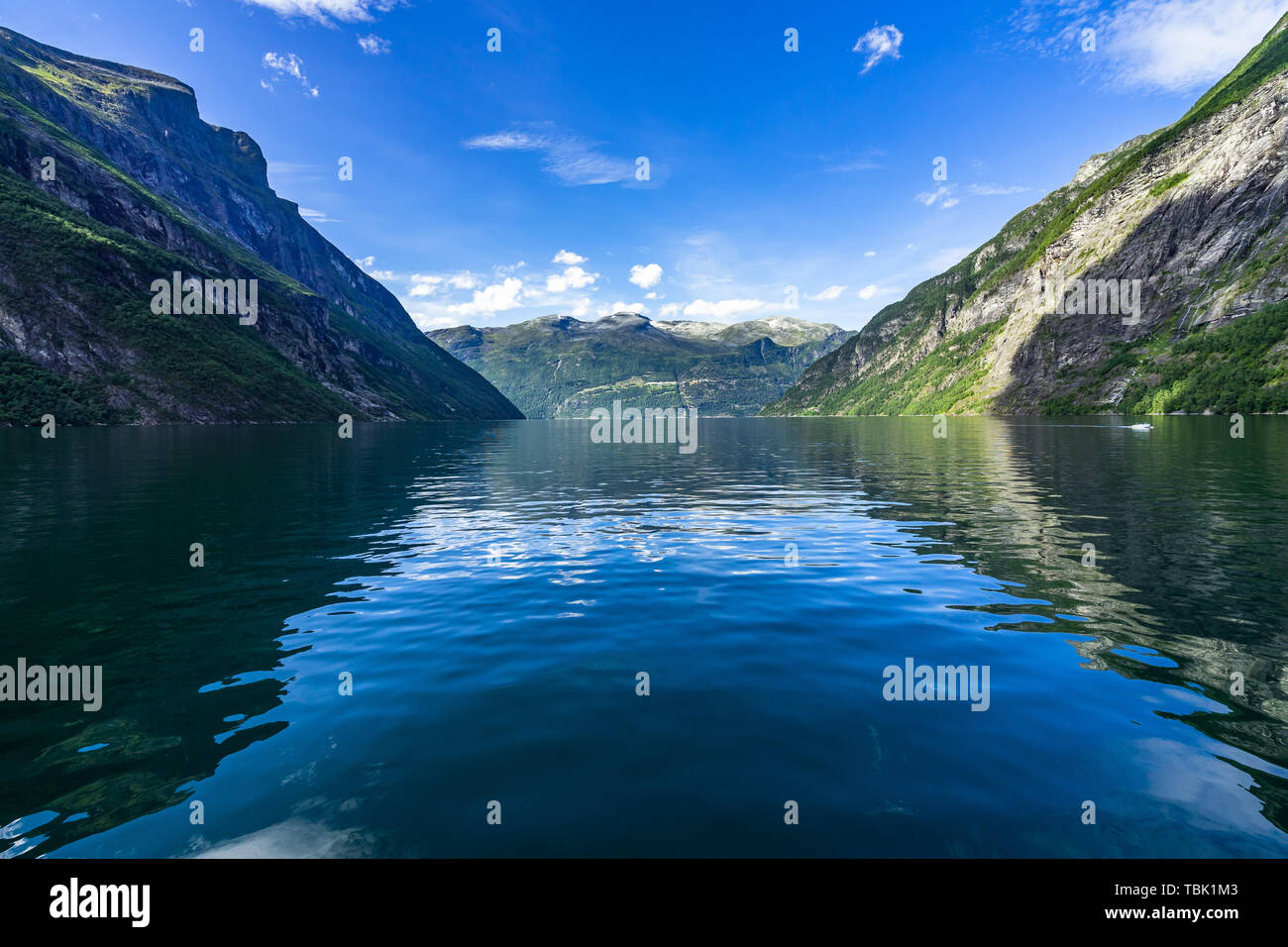 Natural landscape of Geirangerfjord viewed from a sightseeing boat ...