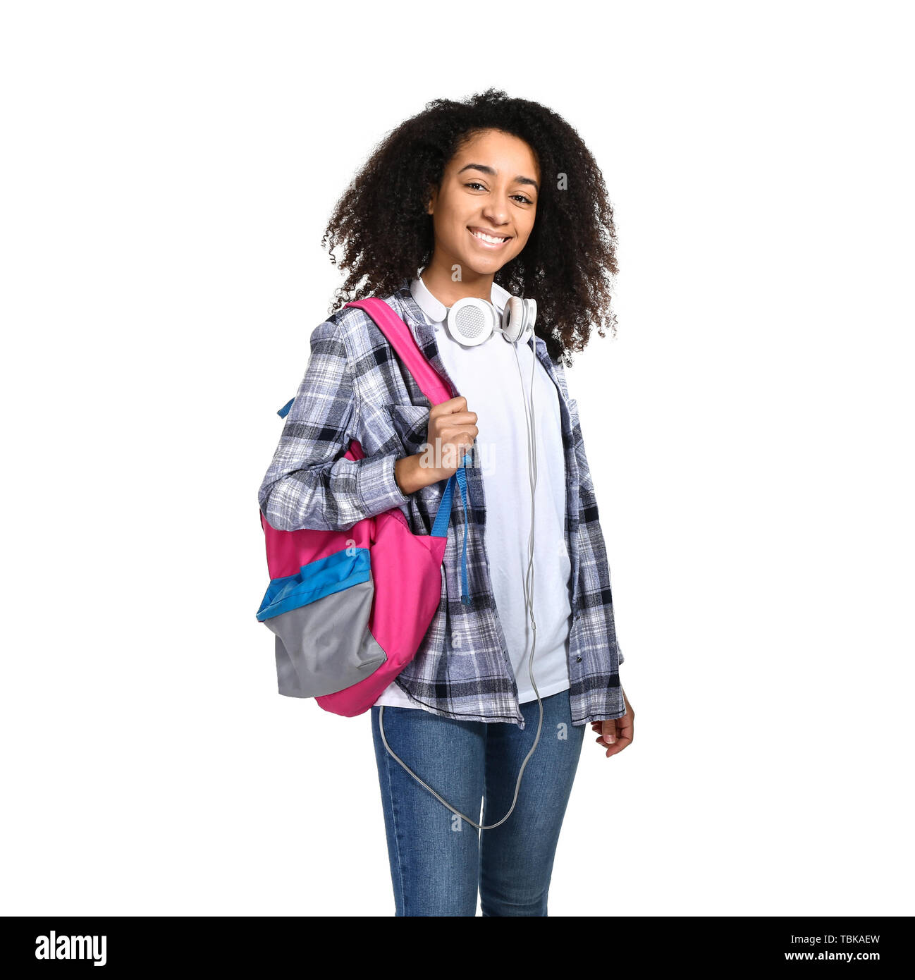 Beautiful African-American student on white background Stock Photo - Alamy