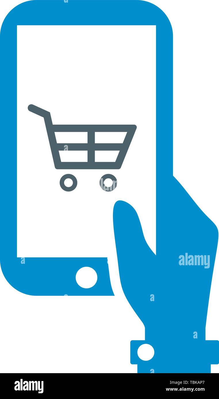Hand holding mobile - online shopping icon vector blue Stock Vector ...