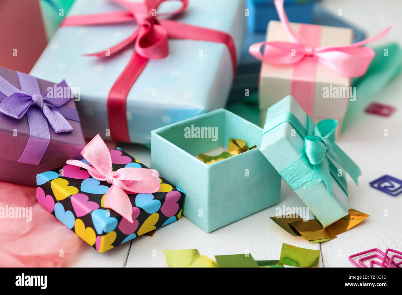 Assorted color gift boxes hi-res stock photography and images - Alamy