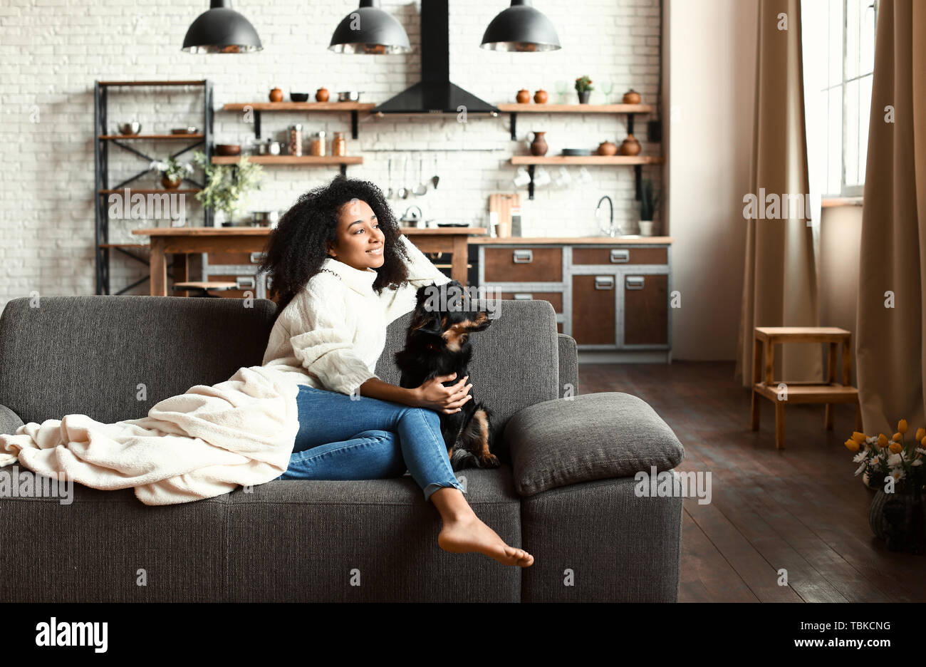 Beautiful African-American woman with cute dog at home Stock Photo - Alamy