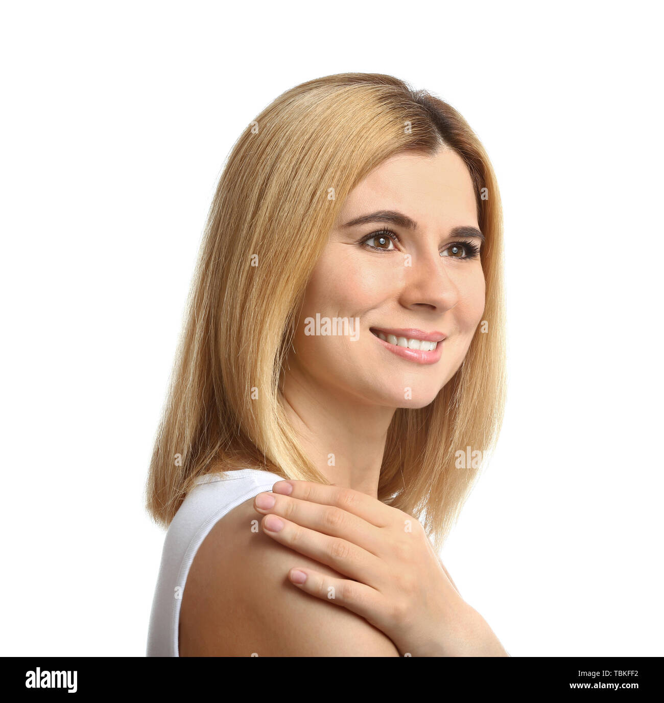 Portrait of beautiful woman on white background Stock Photo - Alamy