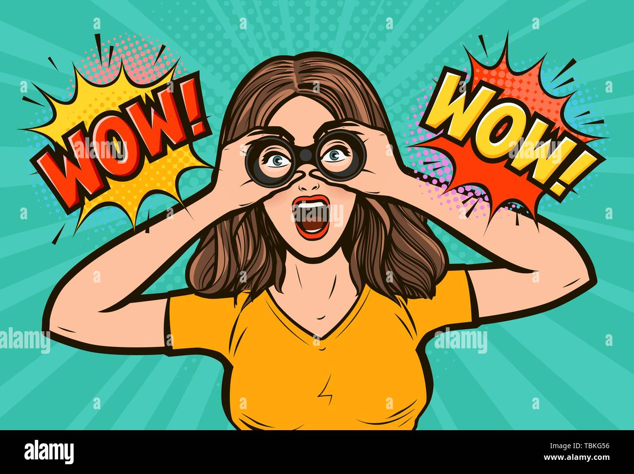 Wow Sexy Surprised Woman With Open Mouth Looking Through Binoculars