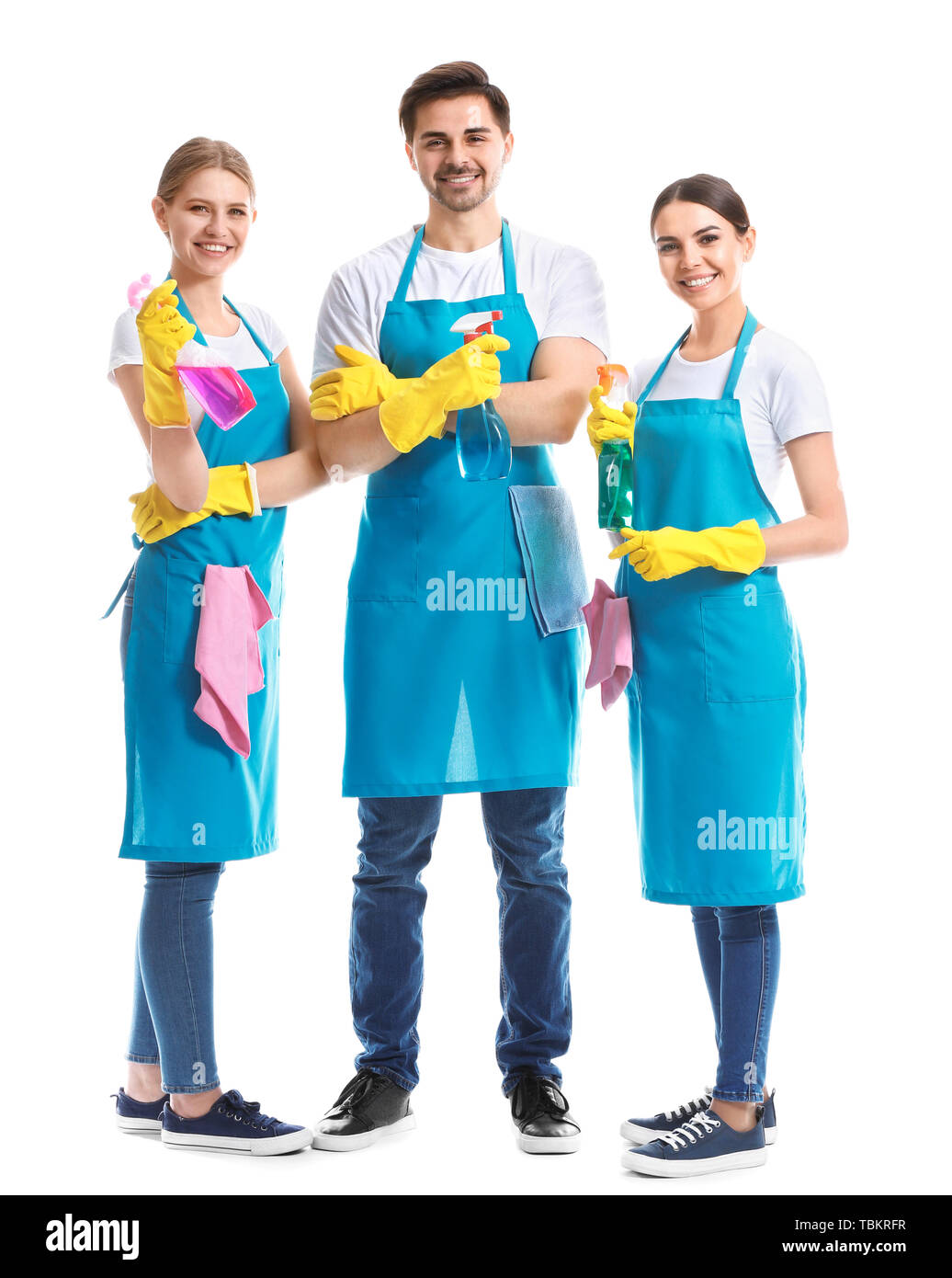Team of janitors on white background Stock Photo - Alamy
