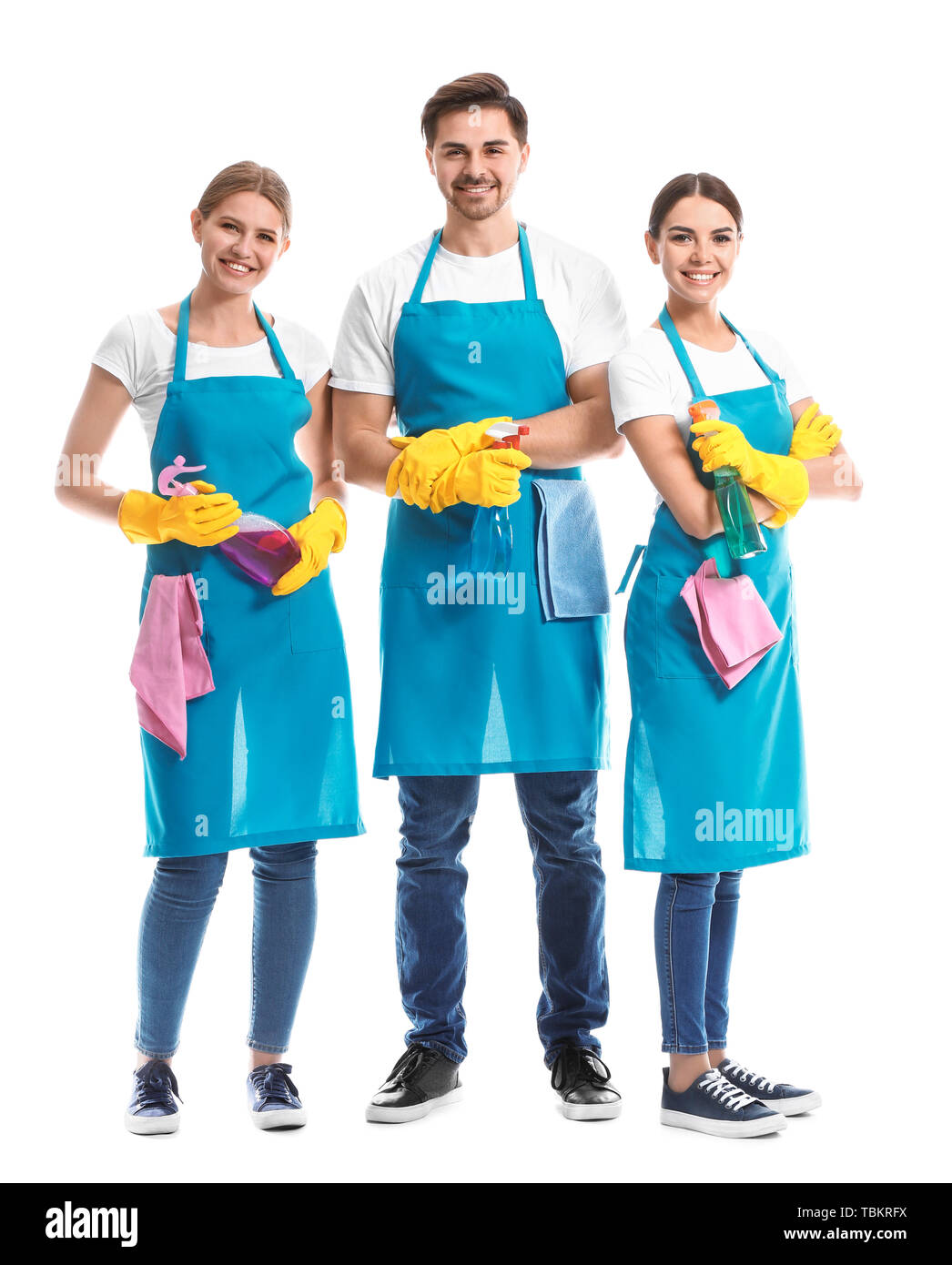 Team of janitors on white background Stock Photo - Alamy