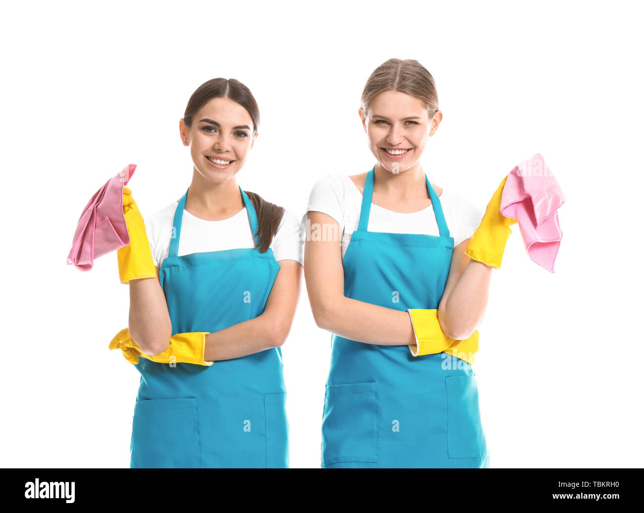 Team of janitors on white background Stock Photo - Alamy