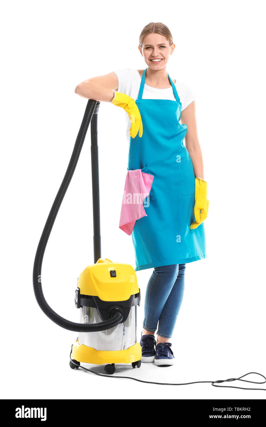 Female janitor with vacuum cleaner on white background Stock Photo - Alamy
