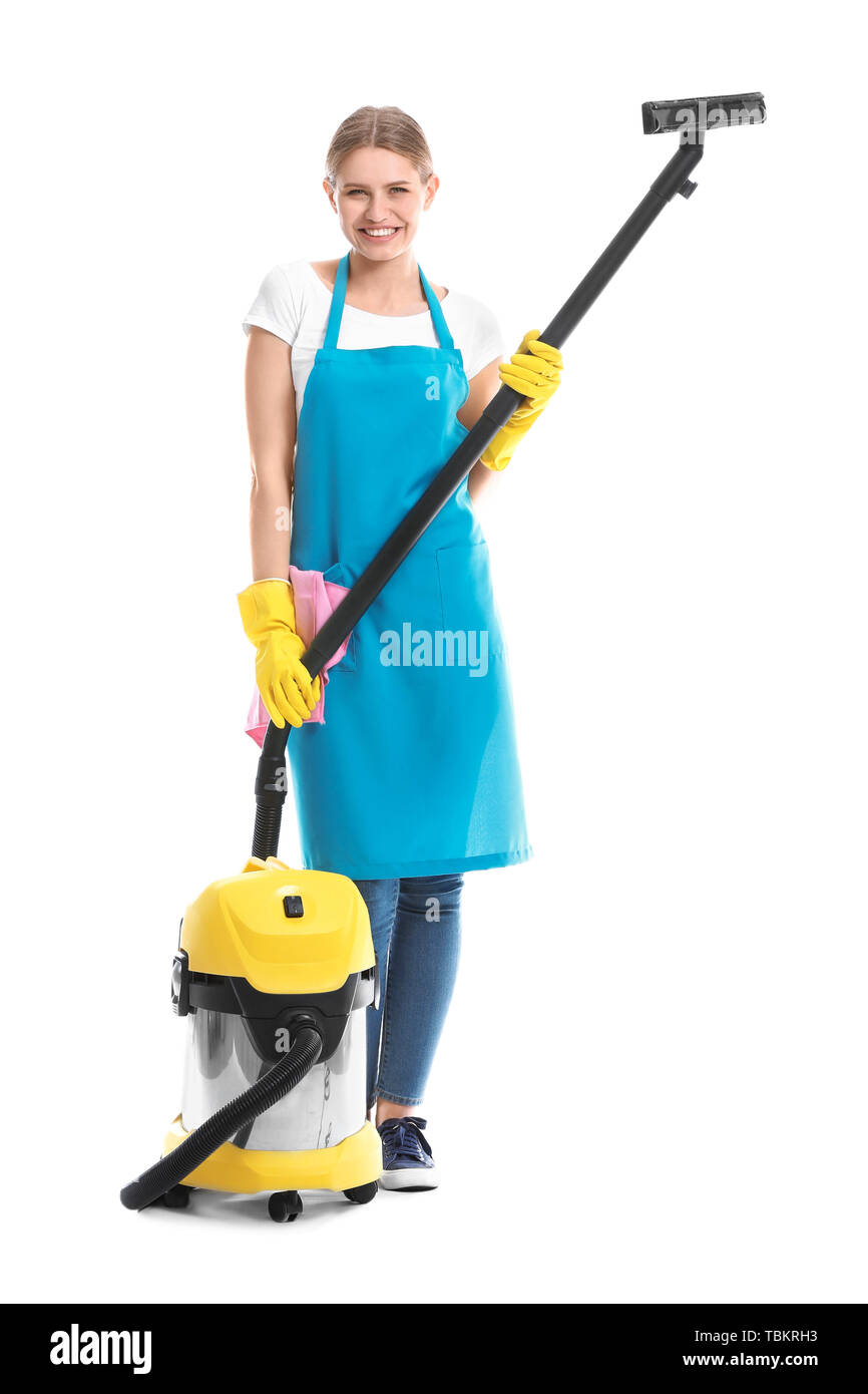 Female janitor with vacuum cleaner on white background Stock Photo - Alamy