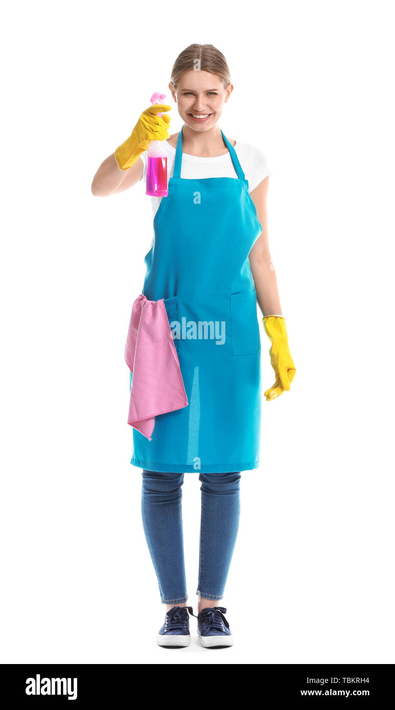 Female janitor on white background Stock Photo - Alamy
