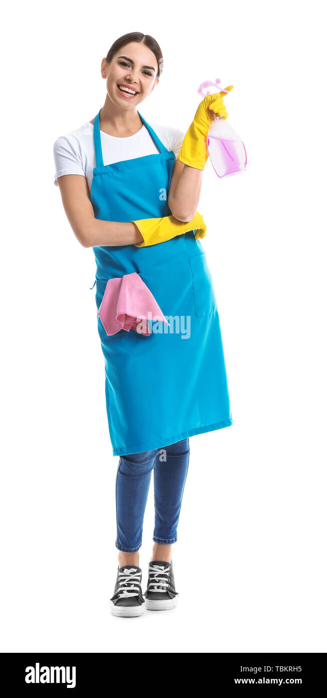 Female janitor on white background Stock Photo - Alamy