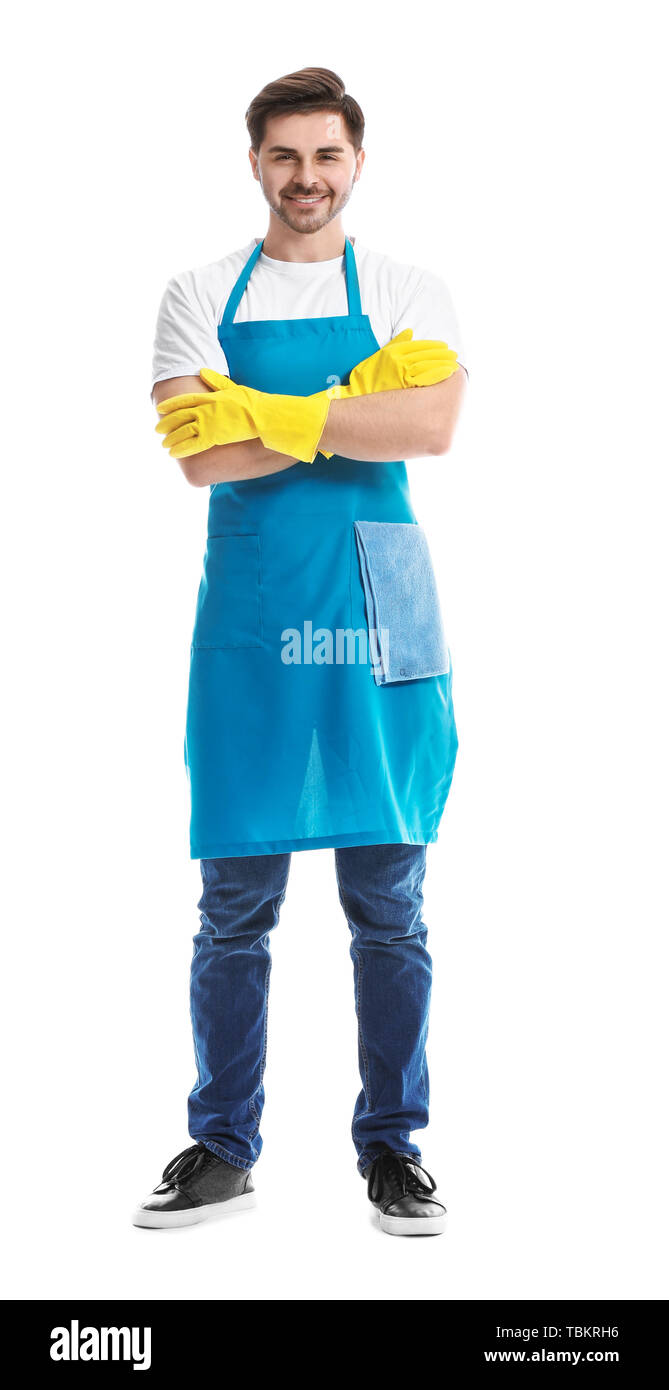 Male janitor on white background Stock Photo - Alamy