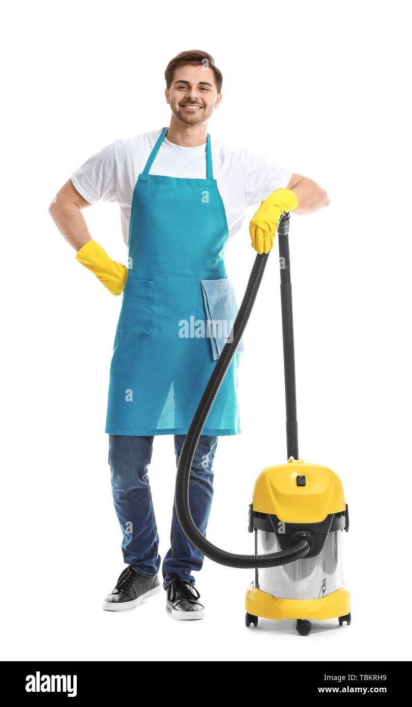 Male janitor with vacuum cleaner on white background Stock Photo - Alamy