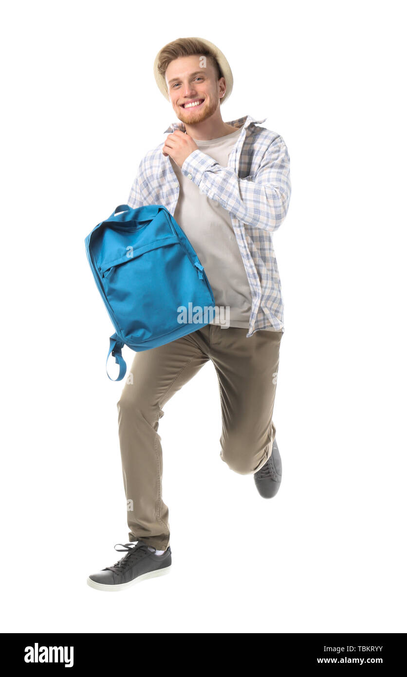 Running young tourist on white background Stock Photo - Alamy