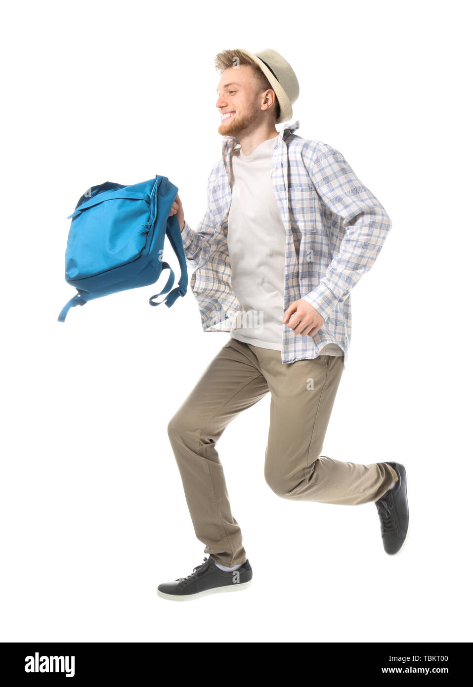 Running young tourist on white background Stock Photo - Alamy