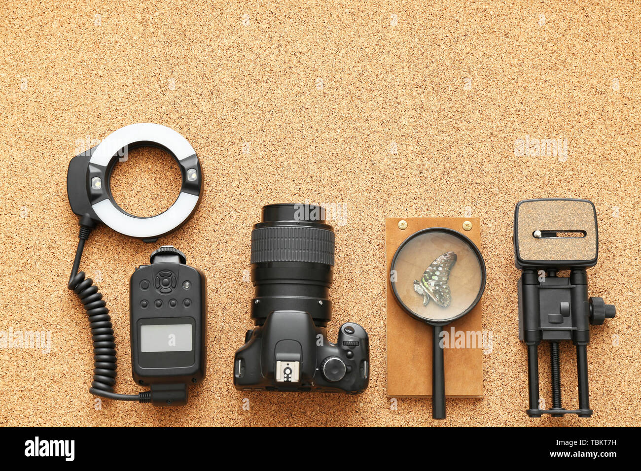 Modern equipment of professional photographer on cork background Stock ...