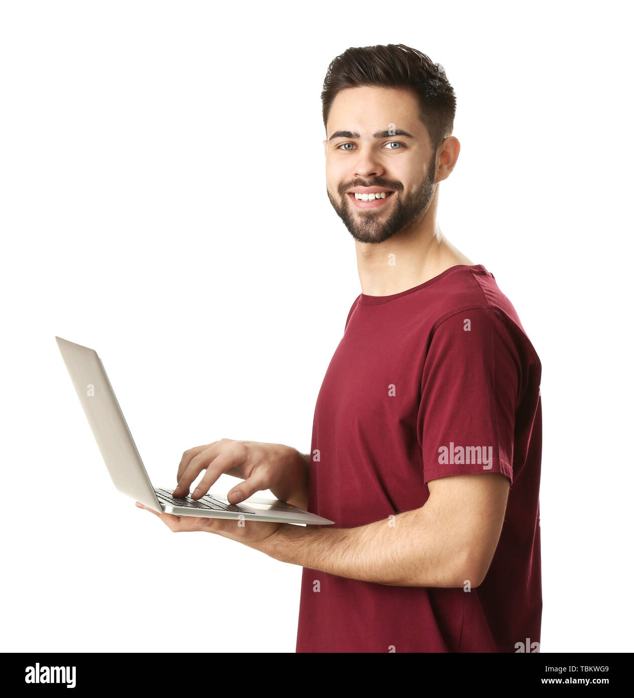 Male programmer with laptop on white background Stock Photo - Alamy