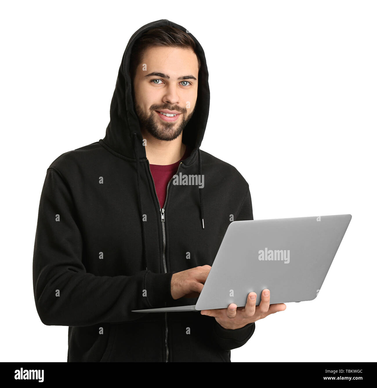 Male programmer with laptop on white background Stock Photo - Alamy