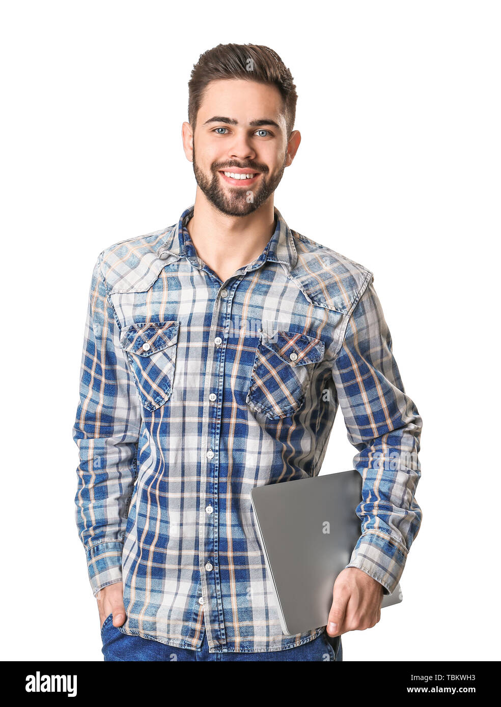 Male programmer with laptop on white background Stock Photo - Alamy