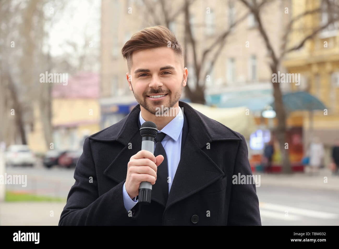 Microphone reporter equipment mass media television hi-res stock ...