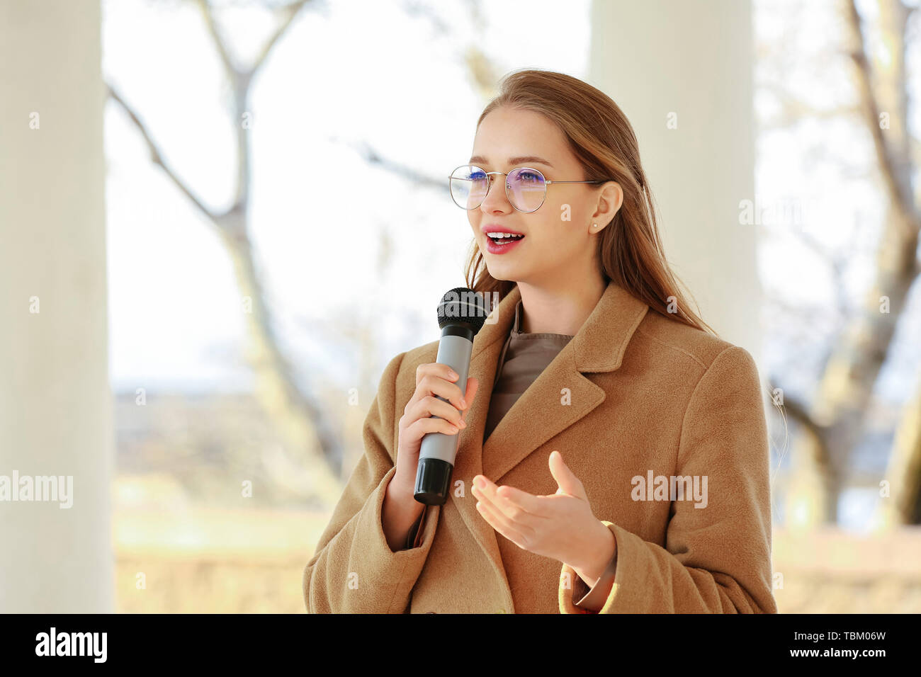 Microphone reporter equipment mass media television hi-res stock ...