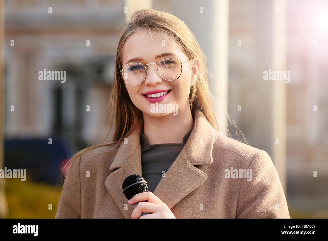Microphone reporter equipment mass media television hi-res stock ...