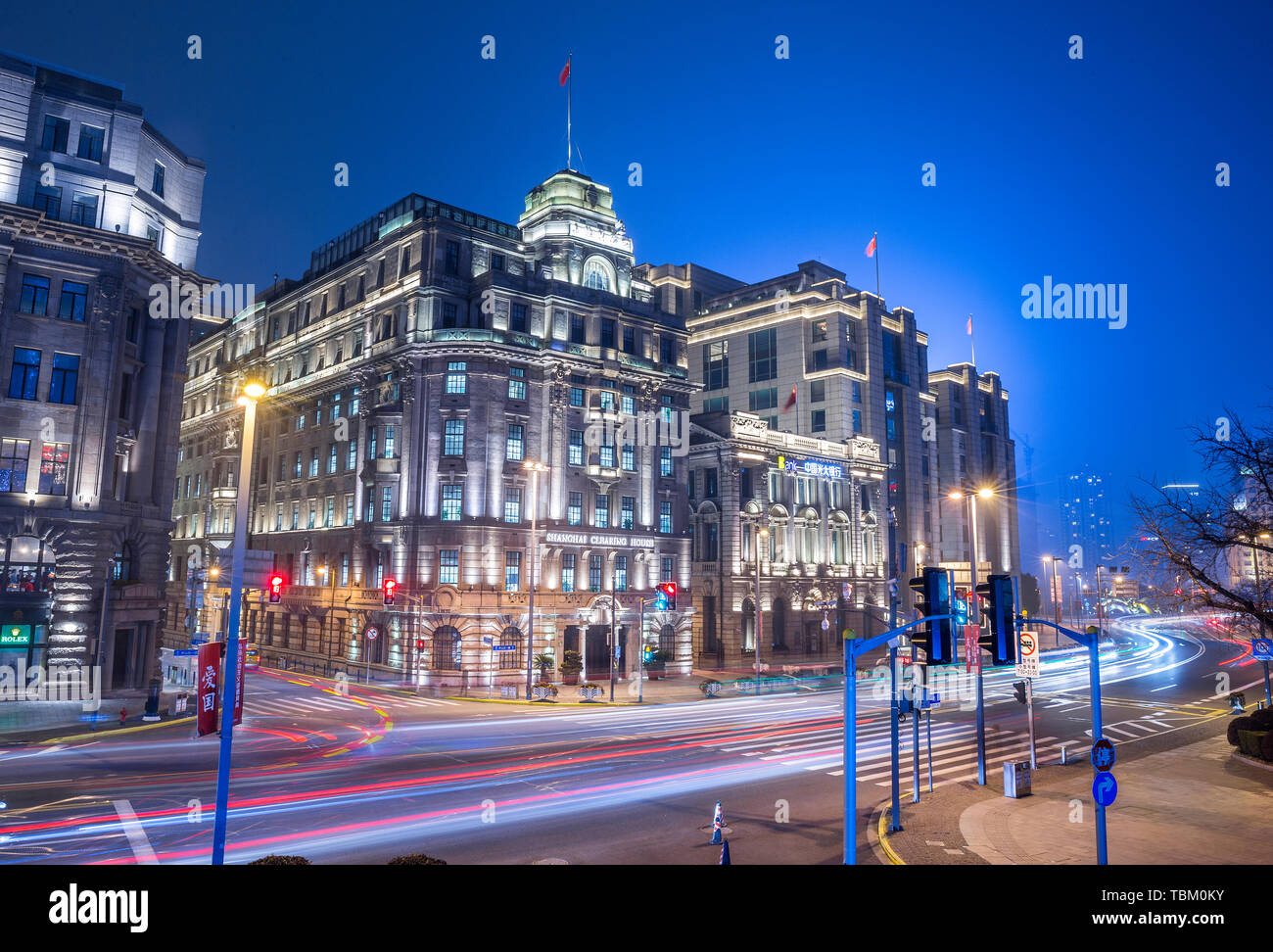 Night view of European-style architecture on the Bund of Shanghai Stock ...