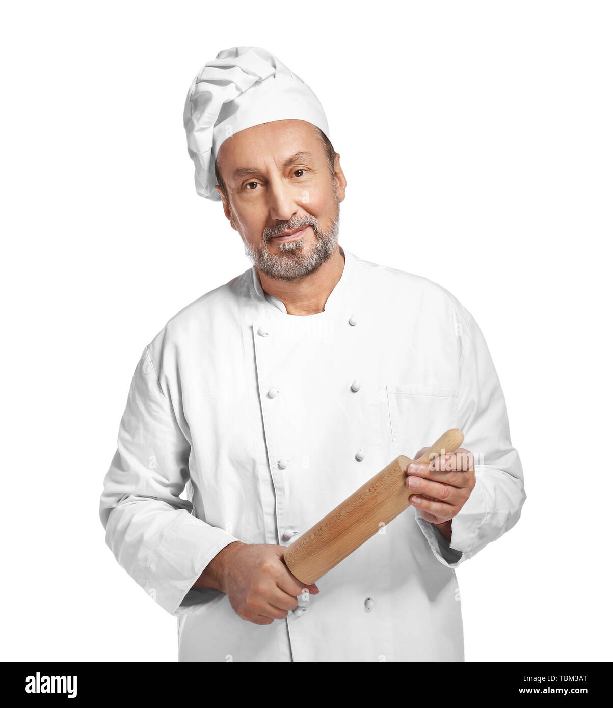 Portrait of handsome mature chef on white background Stock Photo - Alamy