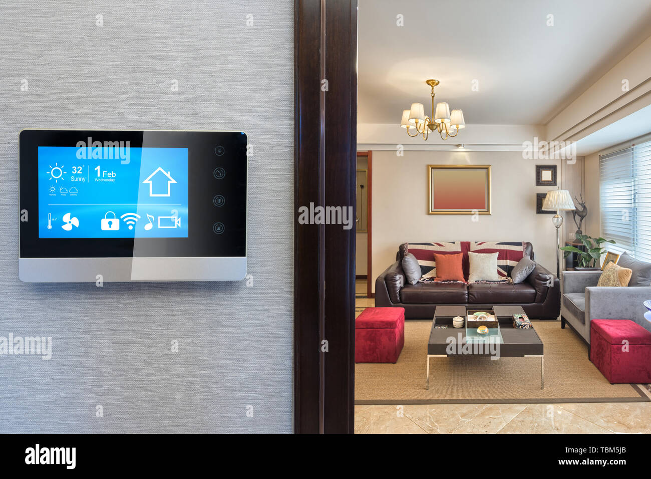 smart screen with smart home with modern living room Stock Photo - Alamy