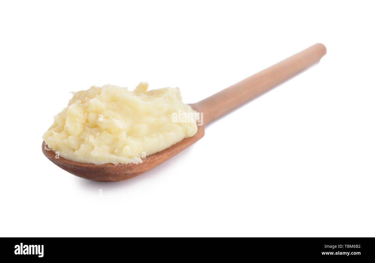 Spoon with tasty mashed potato on white background Stock Photo - Alamy
