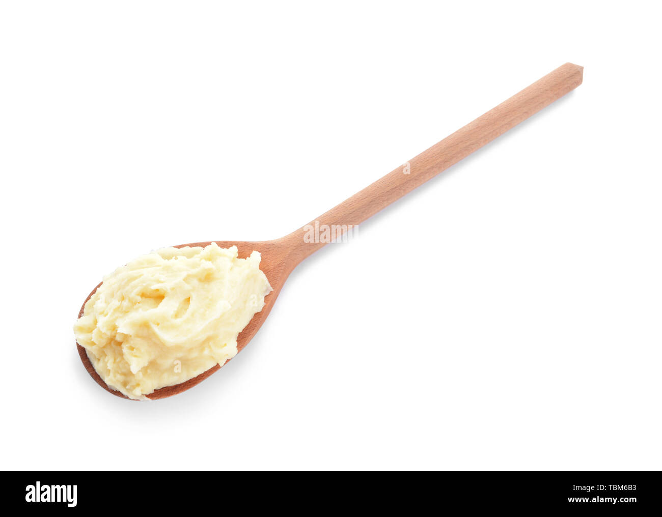 Spoon with tasty mashed potato on white background Stock Photo - Alamy